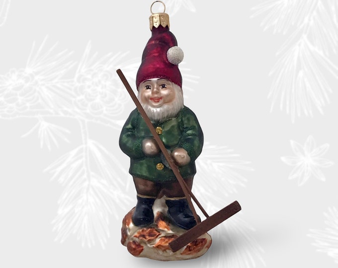 Dwarf With a Rake, Gnome, Christmas Ornament, Collectible Bauble, Blown ...