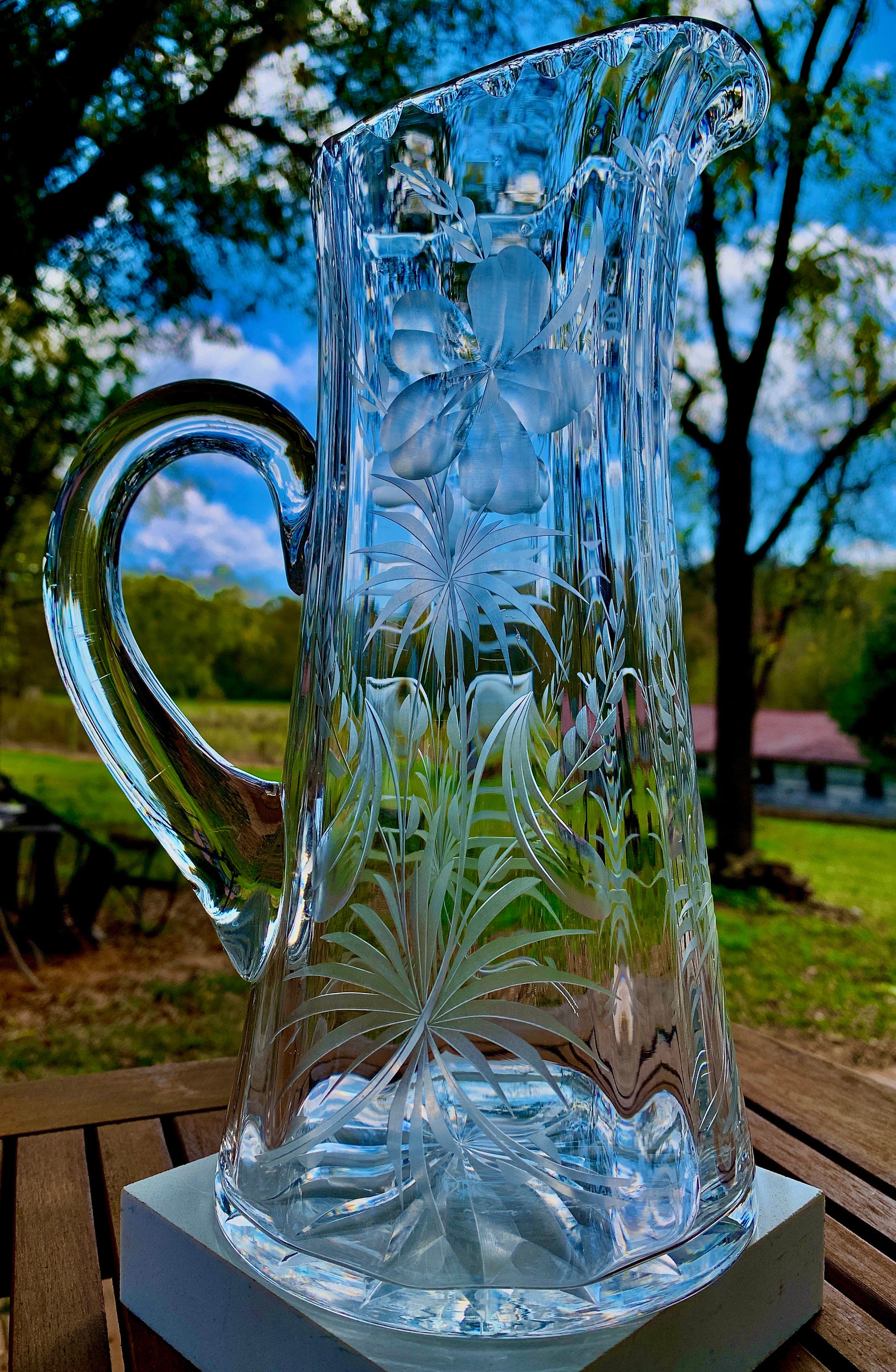 Antique Cut Glass Etched Crystal Pitcher / Floral Etched Crystal ...