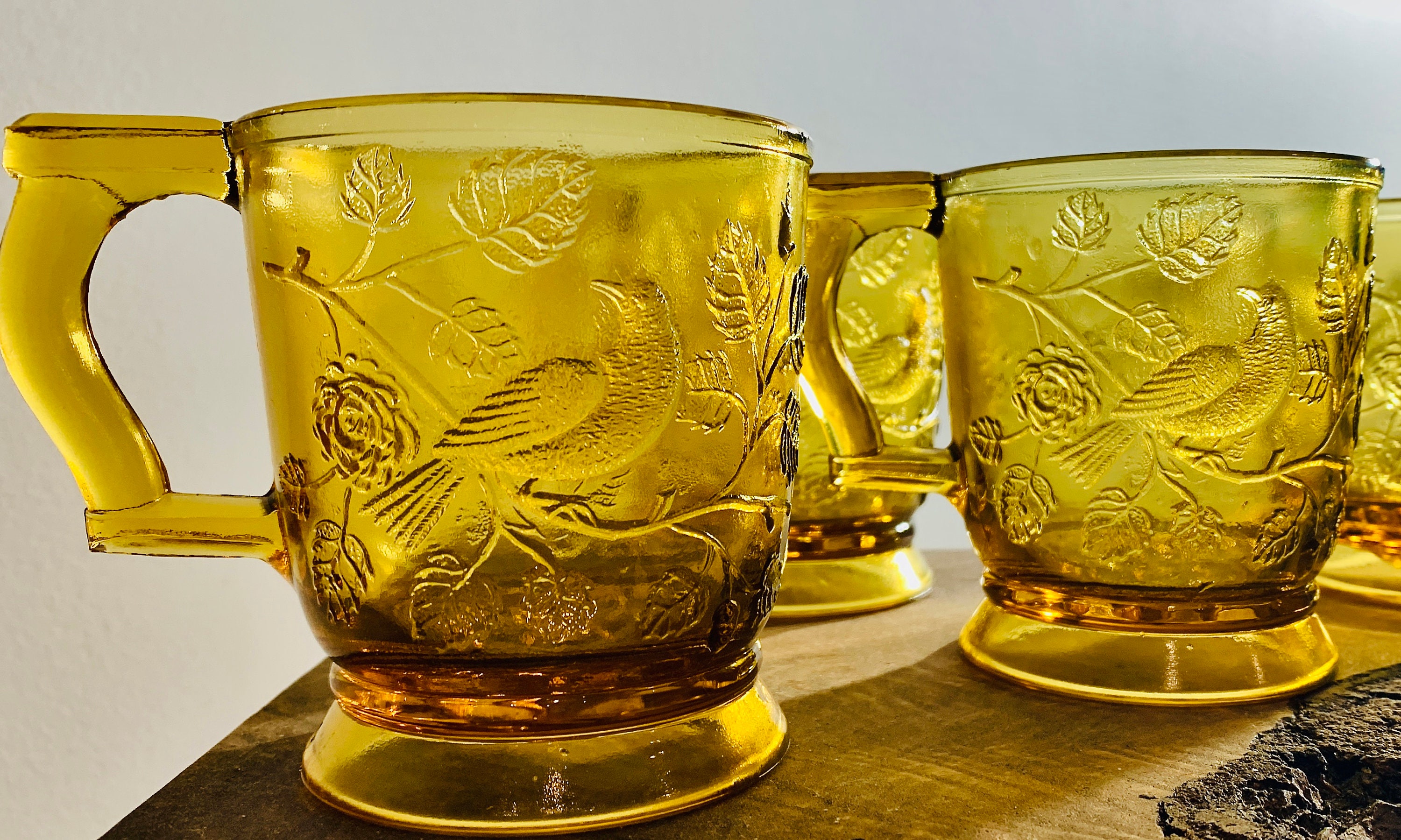 Set of 4 Mosser Glass Robin in a Tree Amber Child's Cup or Mug Bryce ...