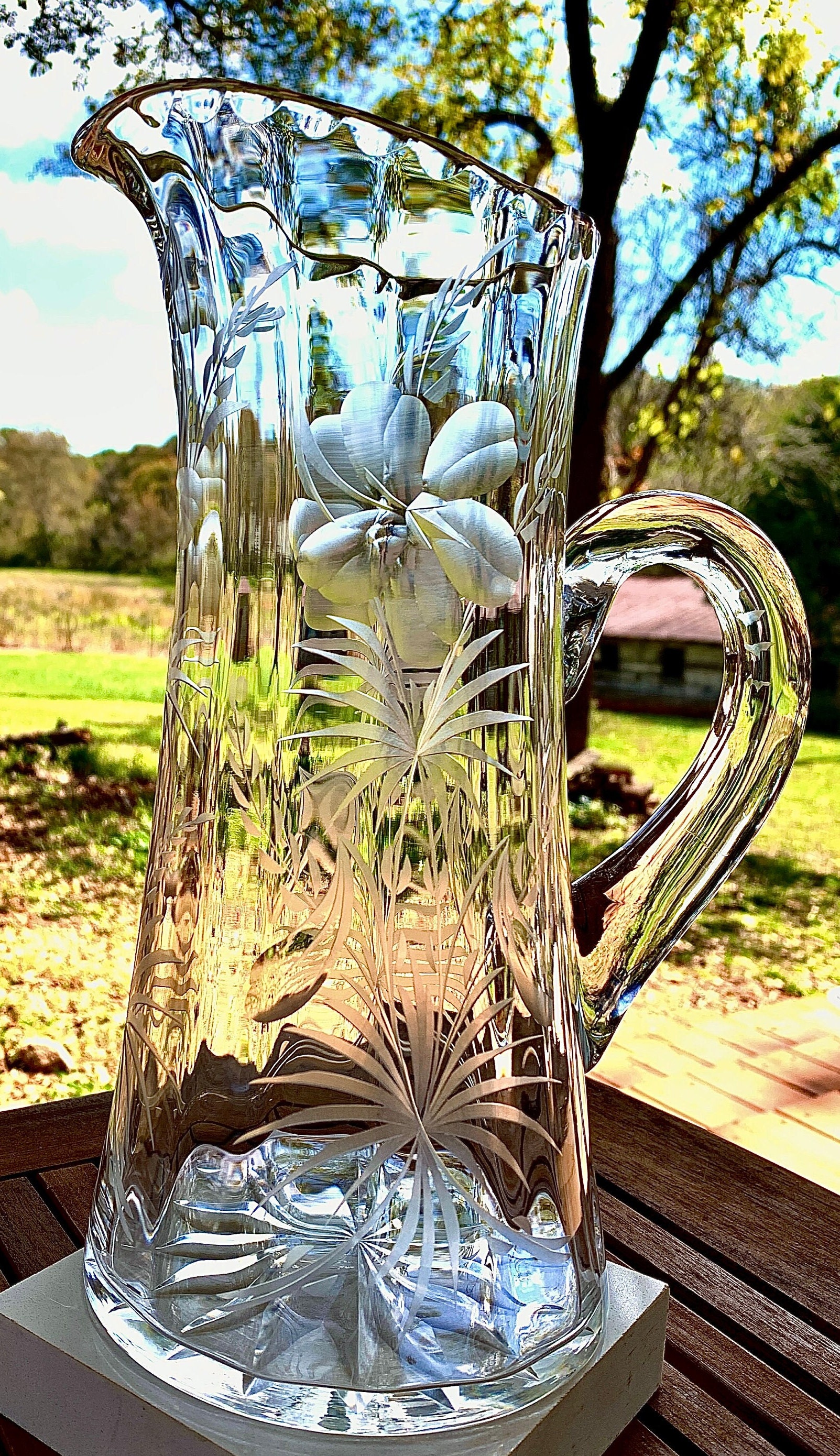 Antique Cut Glass Etched Crystal Pitcher / Floral Etched Crystal ...