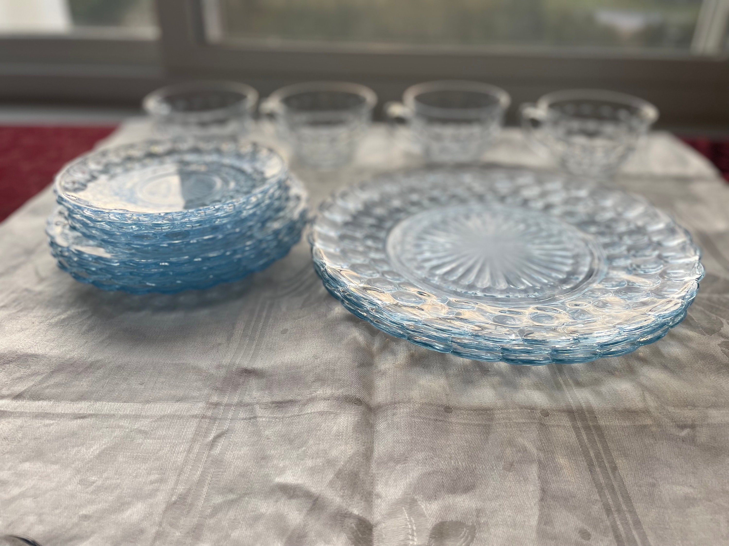 Blue Bubble Anchor Hocking Dinnerware Set, Dinner Plates, Saucers Cups ...