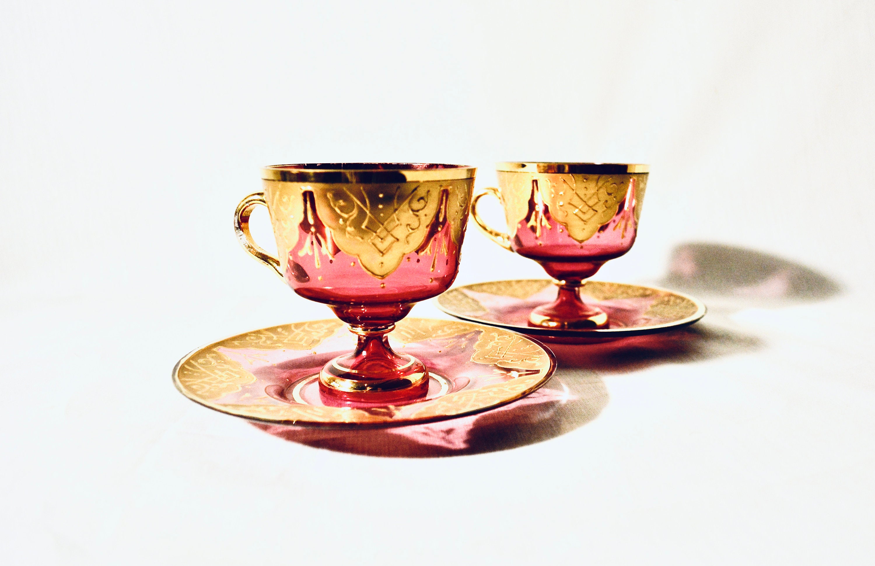 Bohemian Moser Art Glass/Cranberry Glass Teacup/Moser Teacup and Saucer