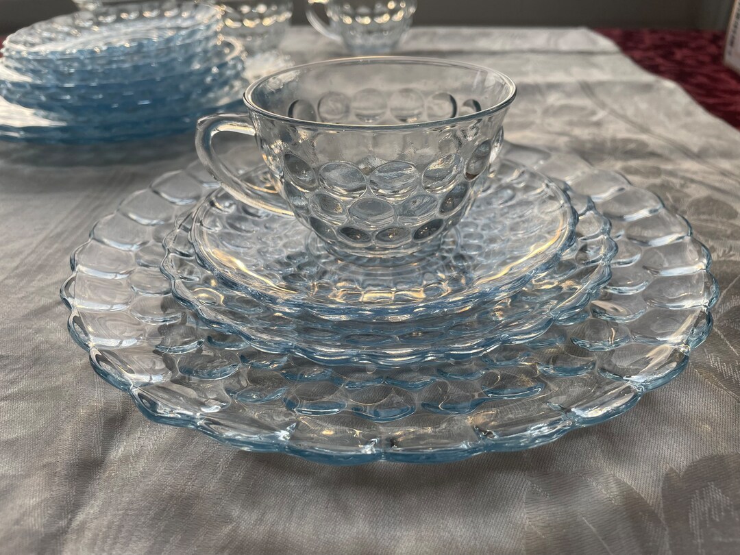 Blue Bubble Anchor Hocking Dinnerware Set, Dinner Plates, Saucers Cups ...
