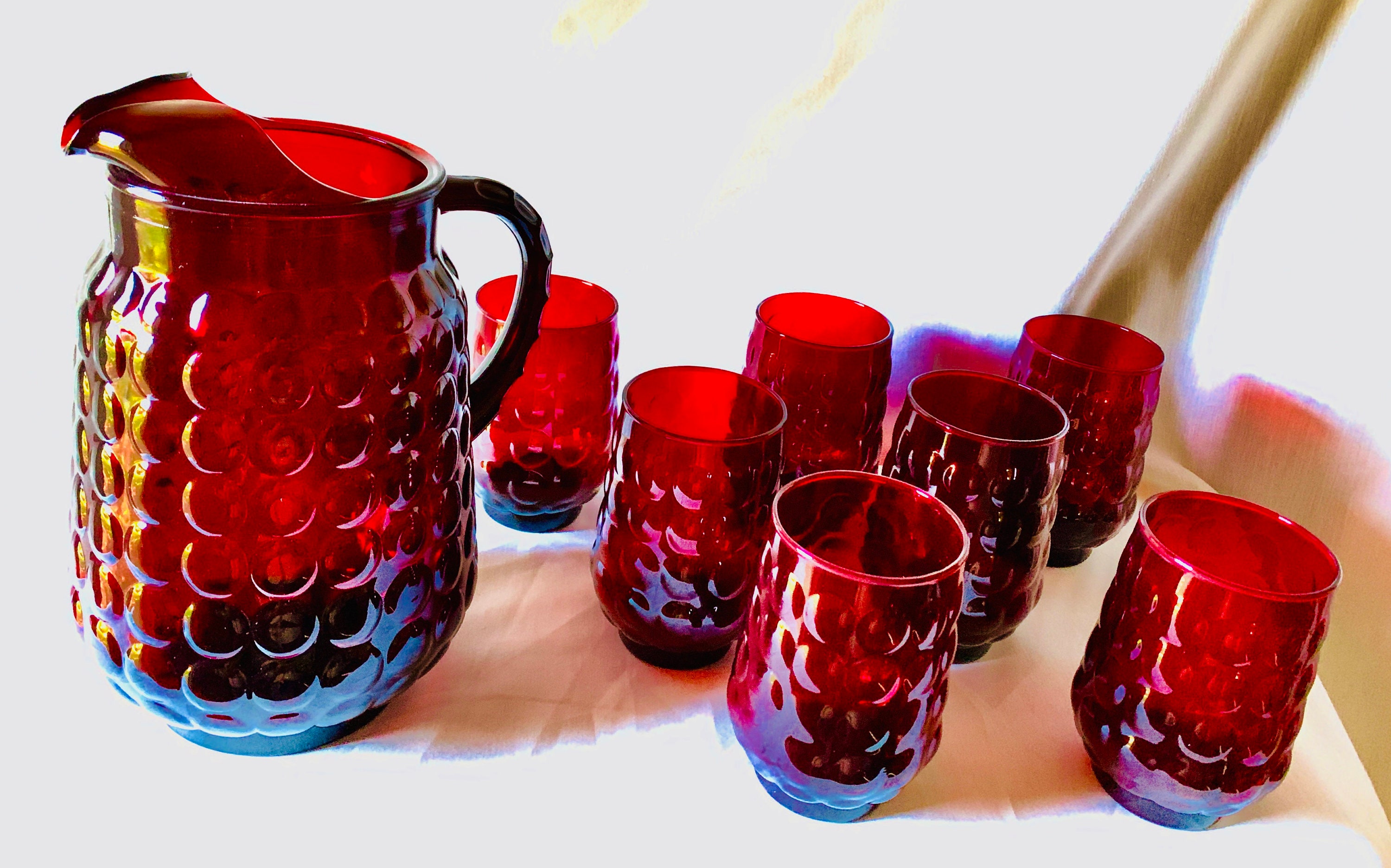 Vintage Anchor Hocking Ruby Red Bubble 8 Piece Pitcher and Tumbler Set ...