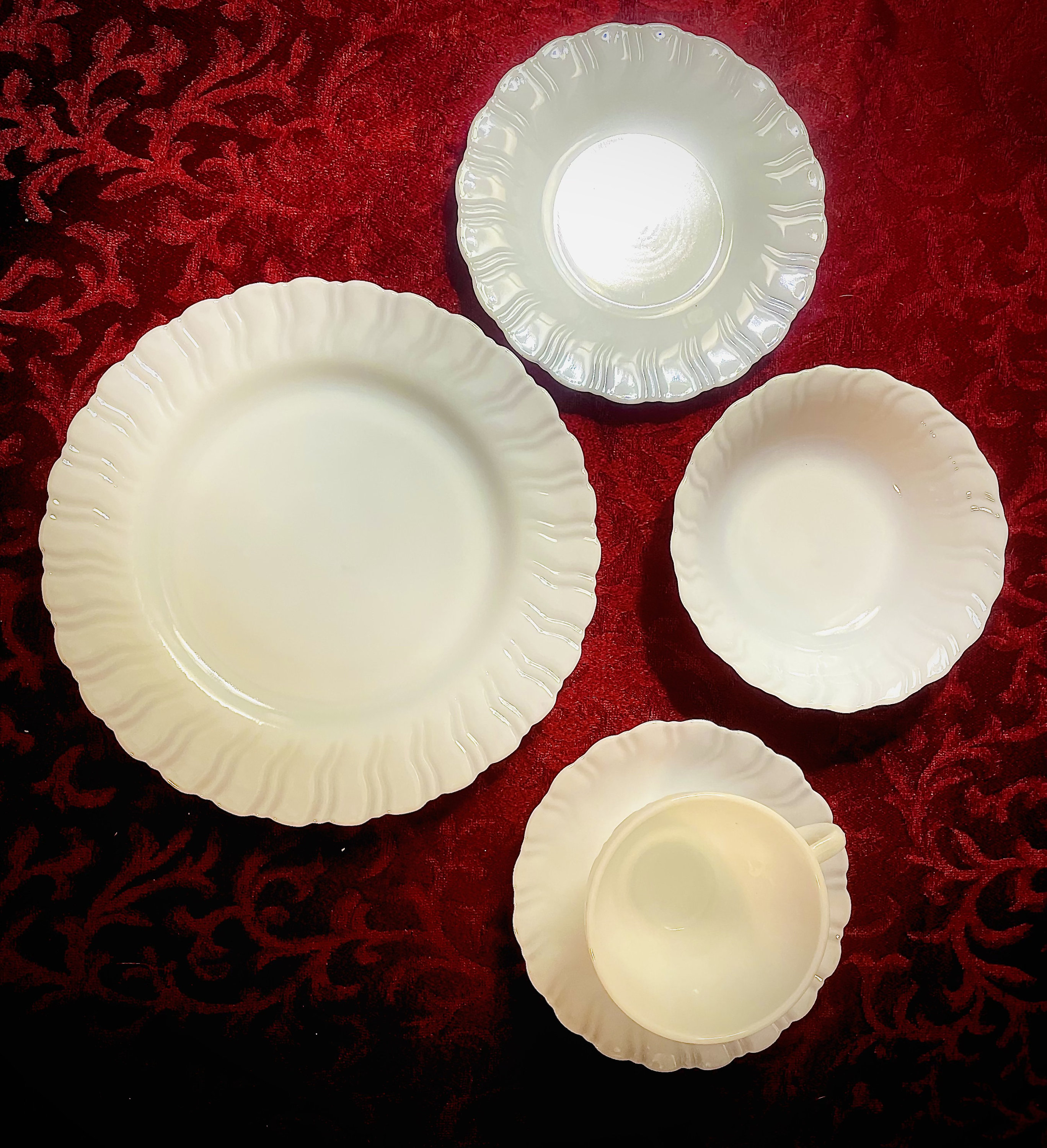 Vintage Corning Toughen Milk Glass Dish Set: Princess Swirl Pattern