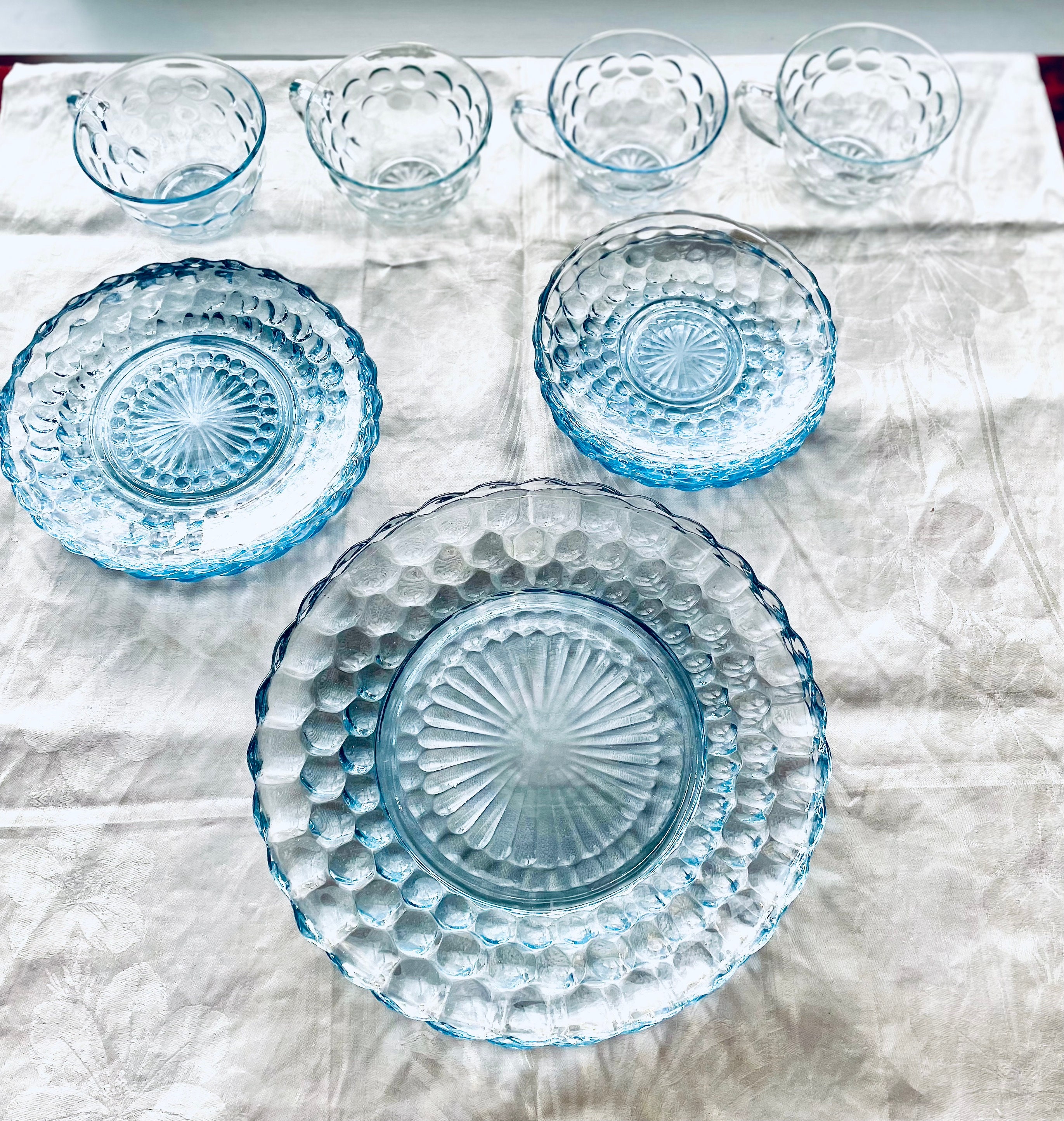 Blue Bubble Anchor Hocking Dinnerware Set, Dinner Plates, Saucers Cups ...