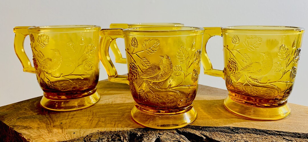 Set of 4 Mosser Glass Robin in a Tree ~ Amber Child's Cup or Mug ...