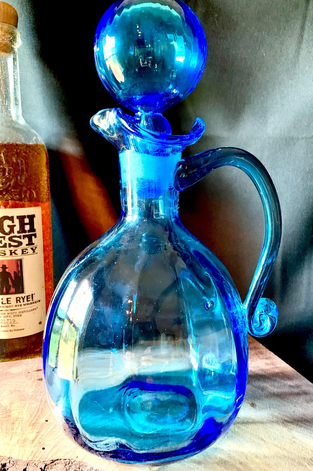 Vintage Cobalt Blue Glass Decanter: MCM Blenko Style Paneled Stopper - Etsy