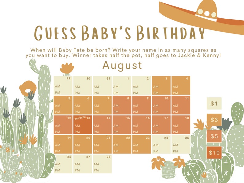 Juego de adivinanzas de cumpleaños del bebé Cactus Taco 'bout a baby ...