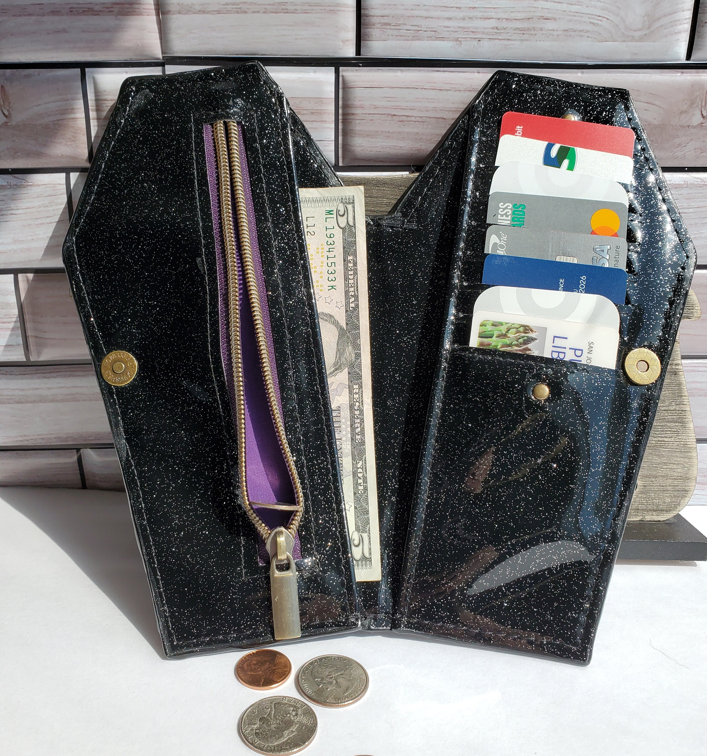 Black Glitter Coffin Shaped Bifold Wallet, Handmade Gothic Pocketbook ...