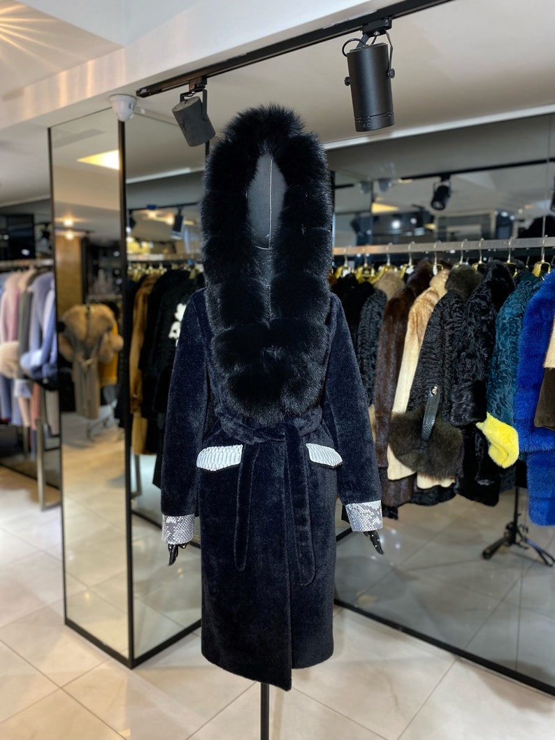 Black Vegan Fur Coat With Real Fox Fur Hoodie and Real Python Leather ...