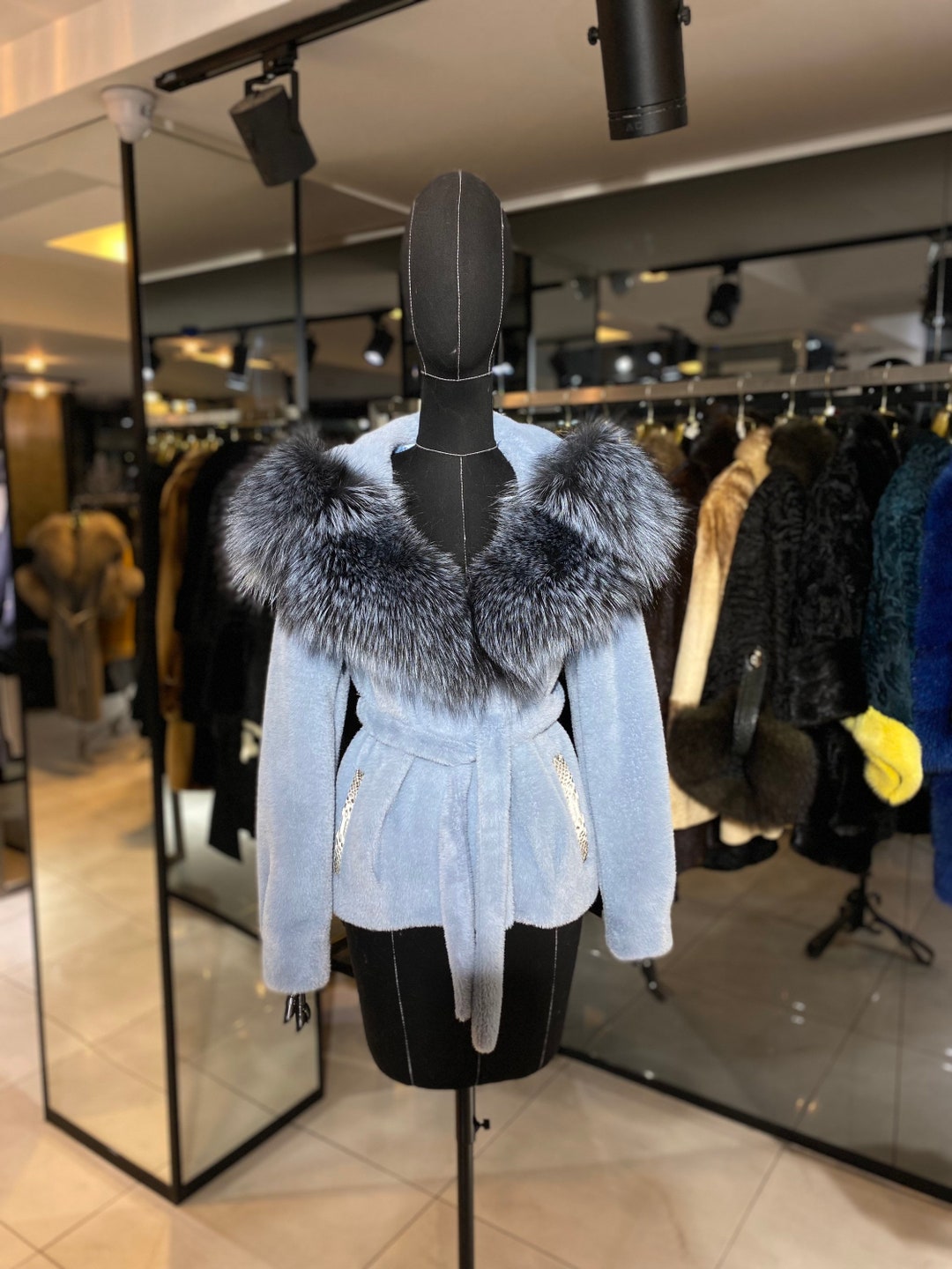 Blue Vegan Fur Coat With Real Fox Fur Hoodie and Real Python Leather ...