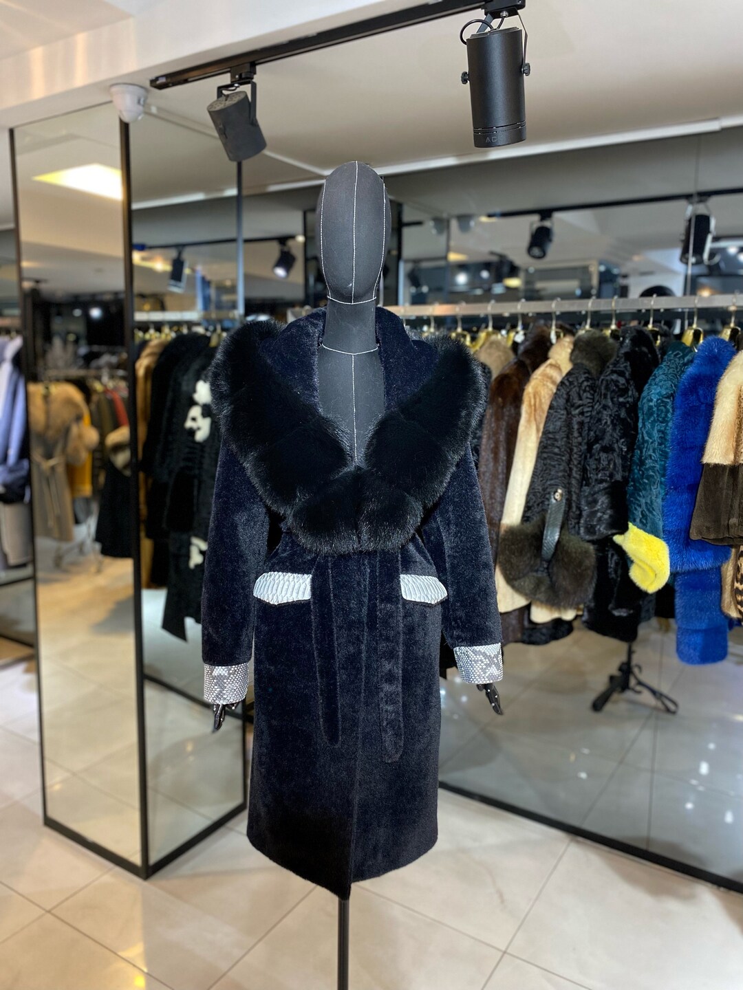 Black Vegan Fur Coat With Real Fox Fur Hoodie and Real Python Leather ...