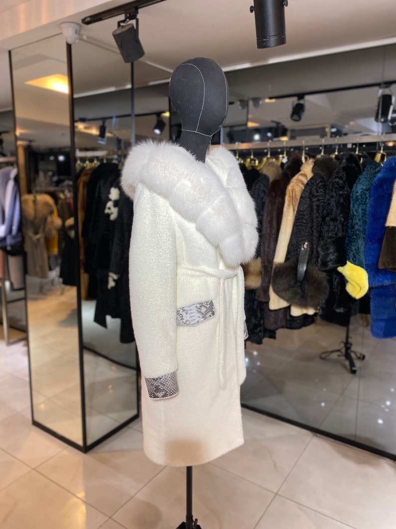 White Vegan Fur Coat With Real Fox Fur Hoodie and Real Python - Etsy