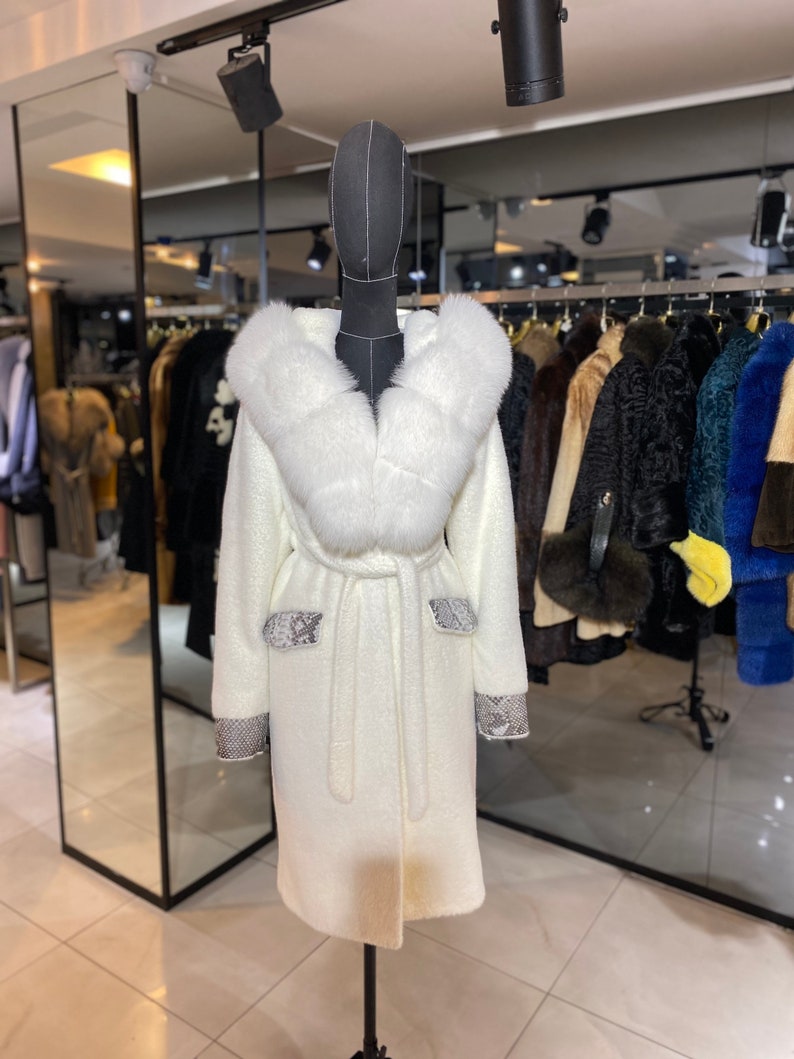 White Vegan Fur Coat With Real Fox Fur Hoodie and Real Python - Etsy