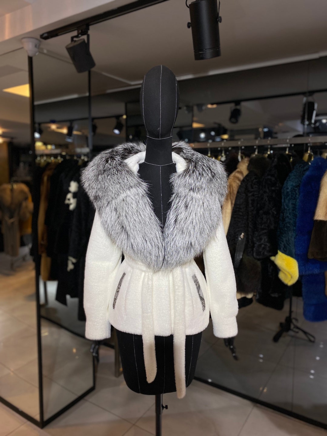 White Vegan Fur Coat With Real Fox Fur Hoodie and Real Python Leather ...