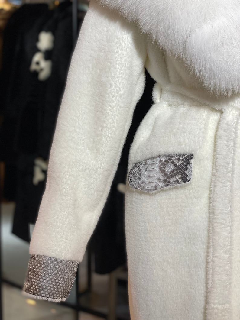 White Vegan Fur Coat With Real Fox Fur Hoodie and Real Python - Etsy