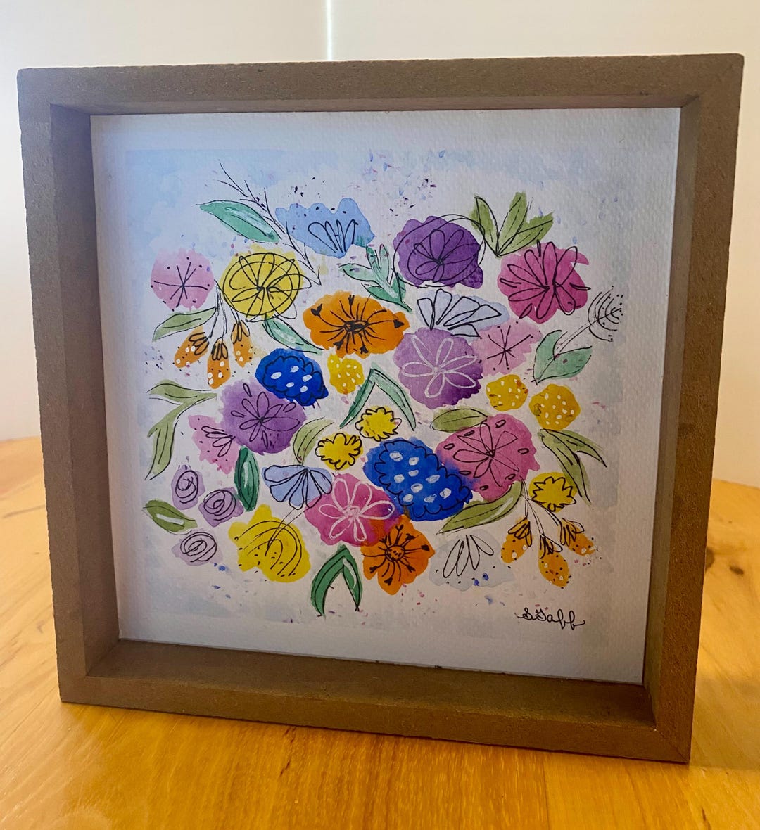 Original Floral Watercolor and Doodle Painting in Box Frame - Etsy