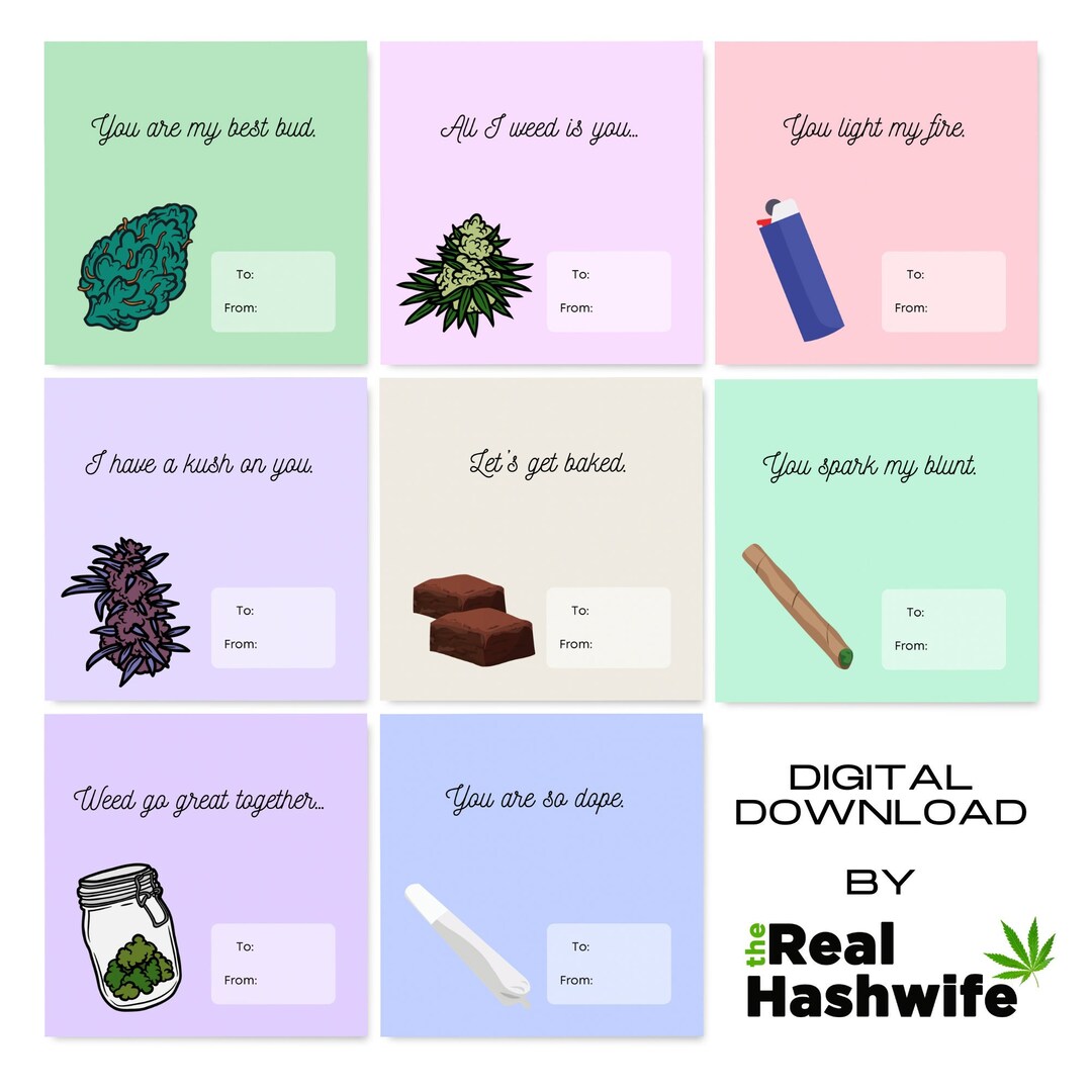 Printable Cannabis Valentines Stoner Card Set, 8-pack Digital Download ...