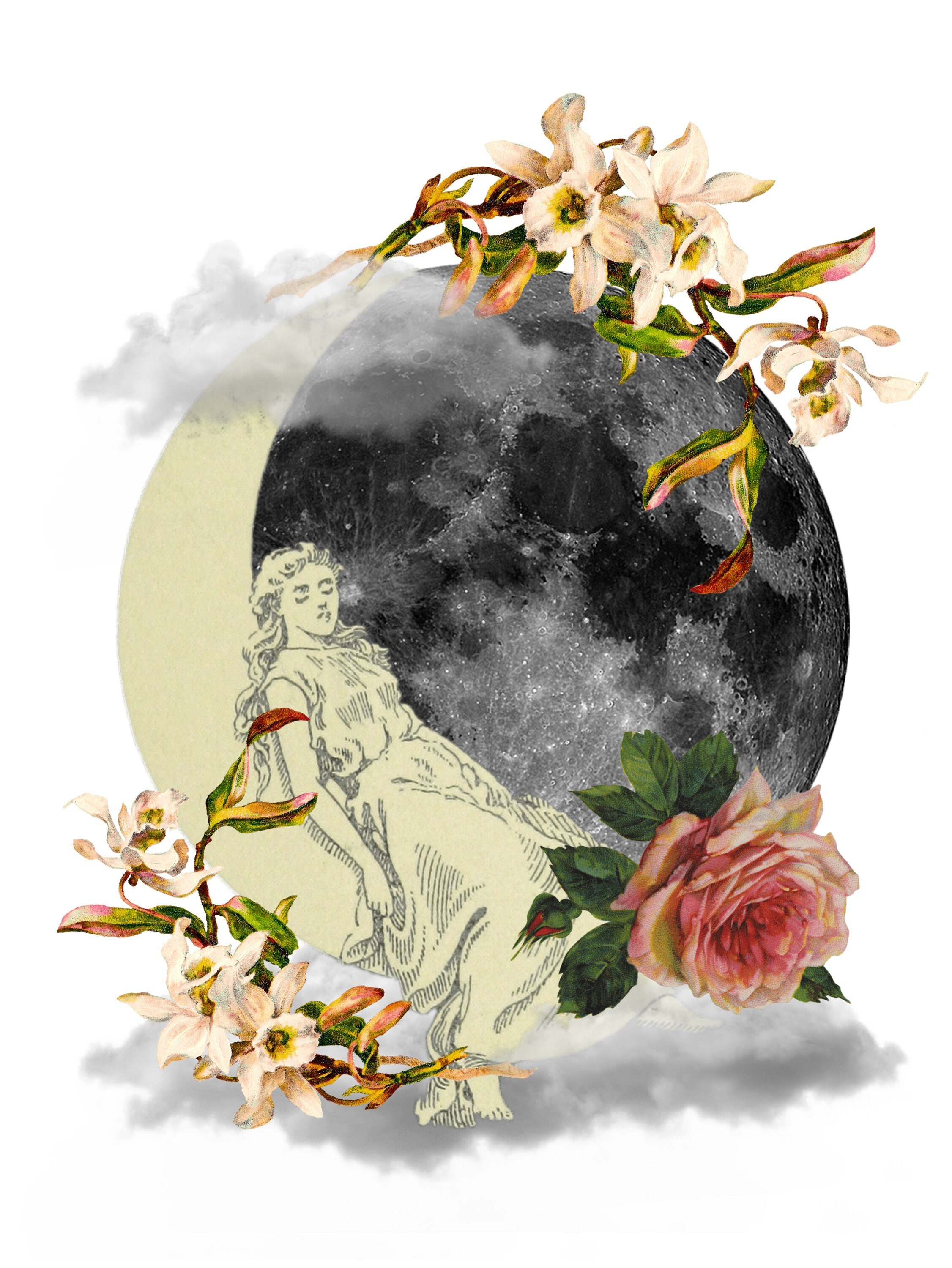 Printable Moon Lady Vintage Magic Art, Digital Download Wall Decor ...