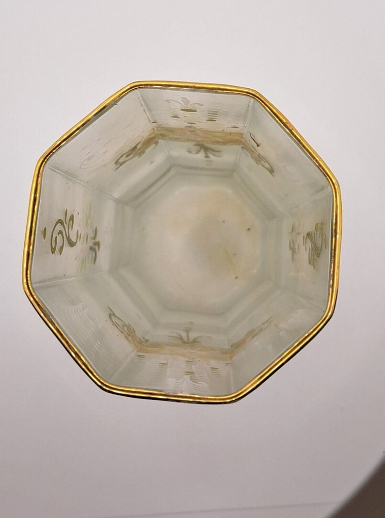 Vintage Venetian Style Octagon Hand Painted Vase Clear Gold Trim Floral ...