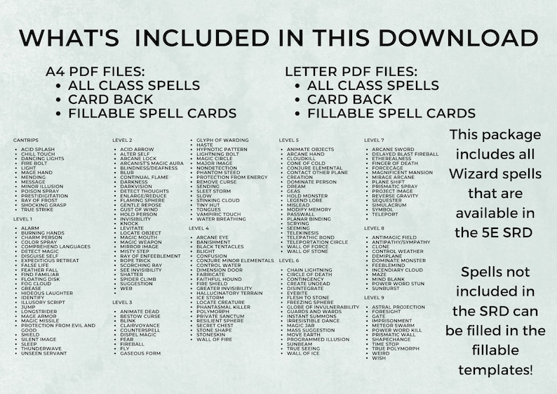 Dnd Wizard Spell Cards Custom 5th Edition Character Spell - Etsy