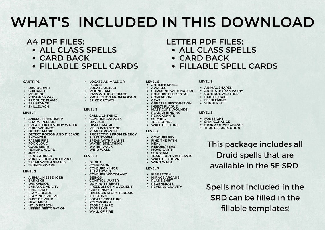 Dnd Druid Spell Cards, Custom 5th Edition Character Spell Cards, 5e ...