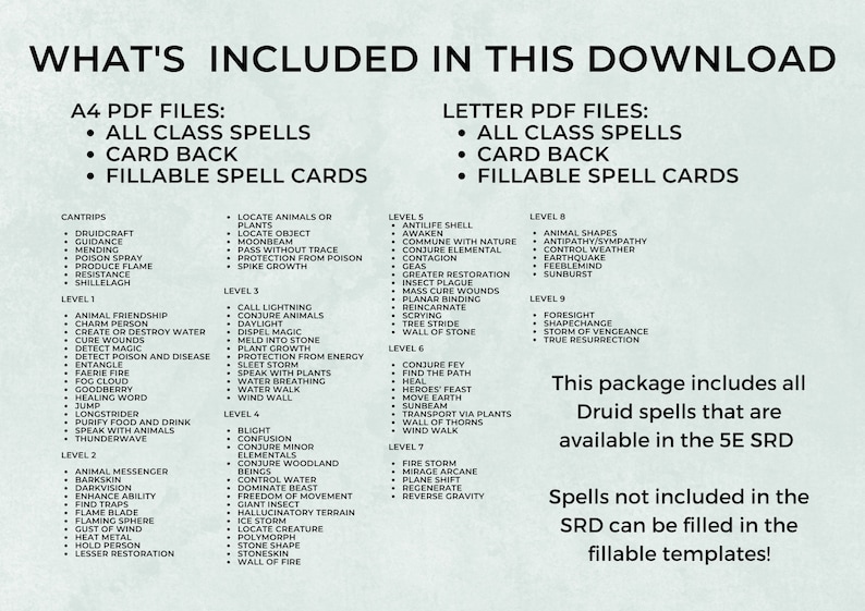 Dnd Druid Spell Cards, Custom 5th Edition Character Spell Cards, 5e ...