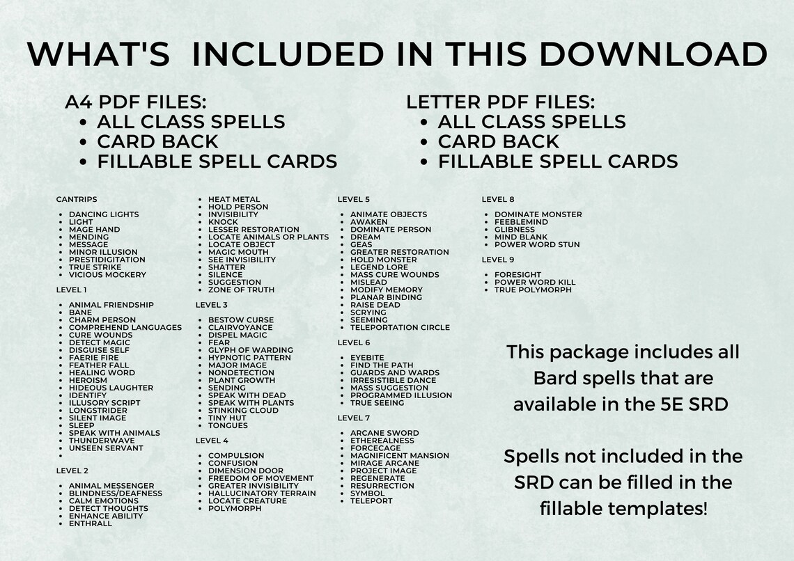 Dnd Bard Spell Cards, Custom 5th Edition Character Spell Cards, 5e ...
