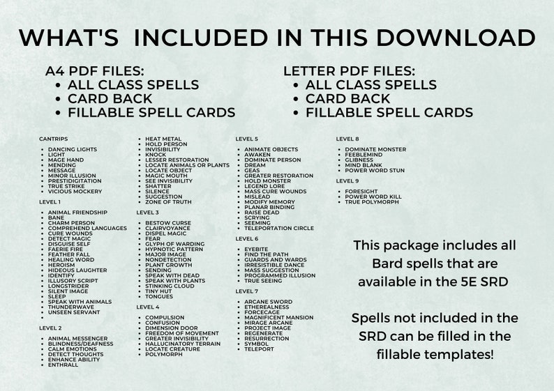 Dnd Bard Spell Cards, Custom 5th Edition Character Spell Cards, 5e ...