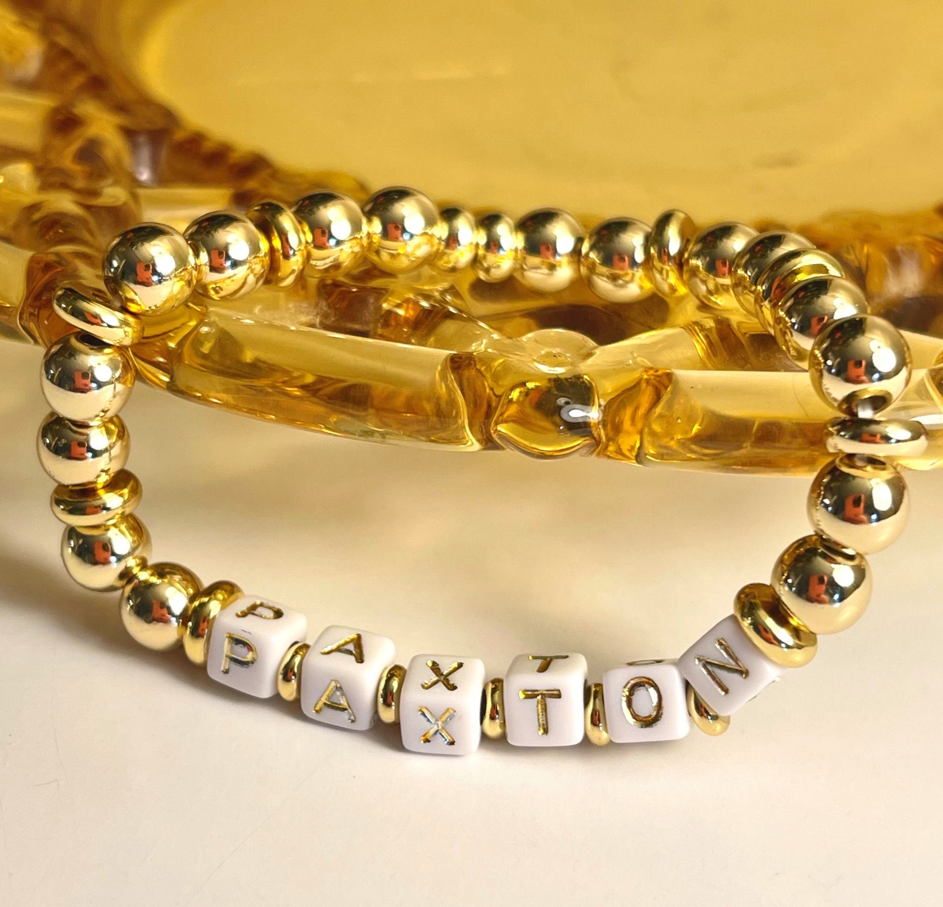 14k Gold-filled Custom Word Bracelet 6mm Beads Gold Name - Etsy