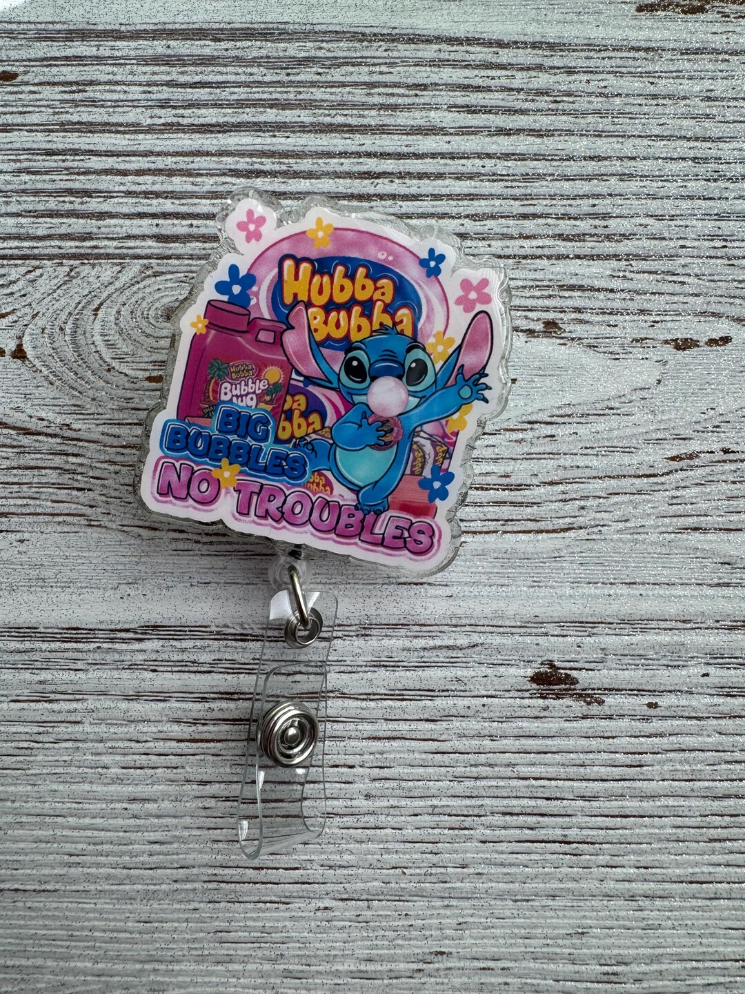 Hubba Bubba Blue Alien Acrylic Badge Reel Alligator Clip Retractable ...