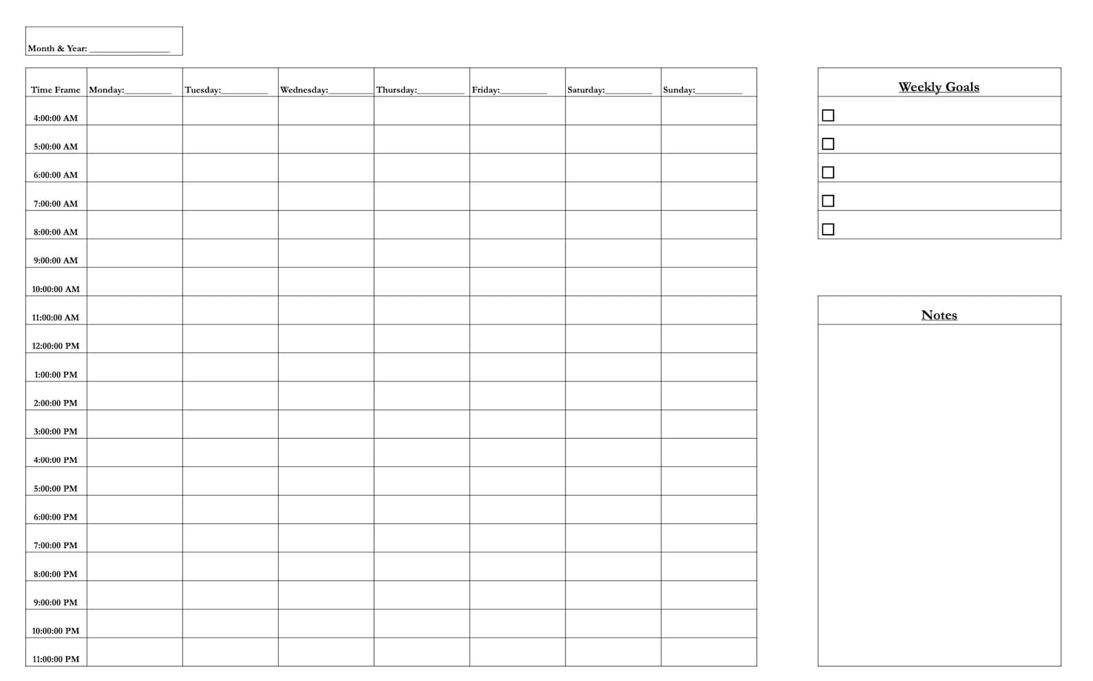 Simple Undated Schedule 4AM-11PM with: Weekly Goals/Notes | Etsy