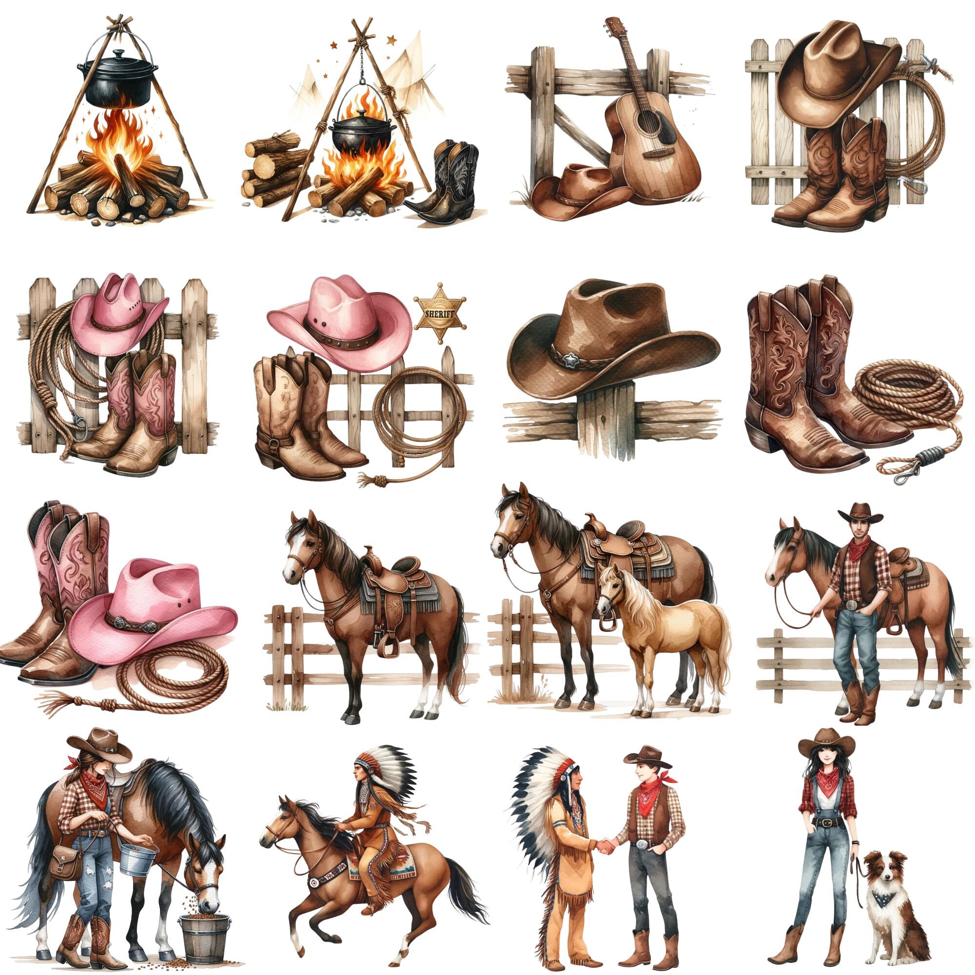 Watercolor Western Clipart Artful PNG Bundle Digital DIY Wall Art ...