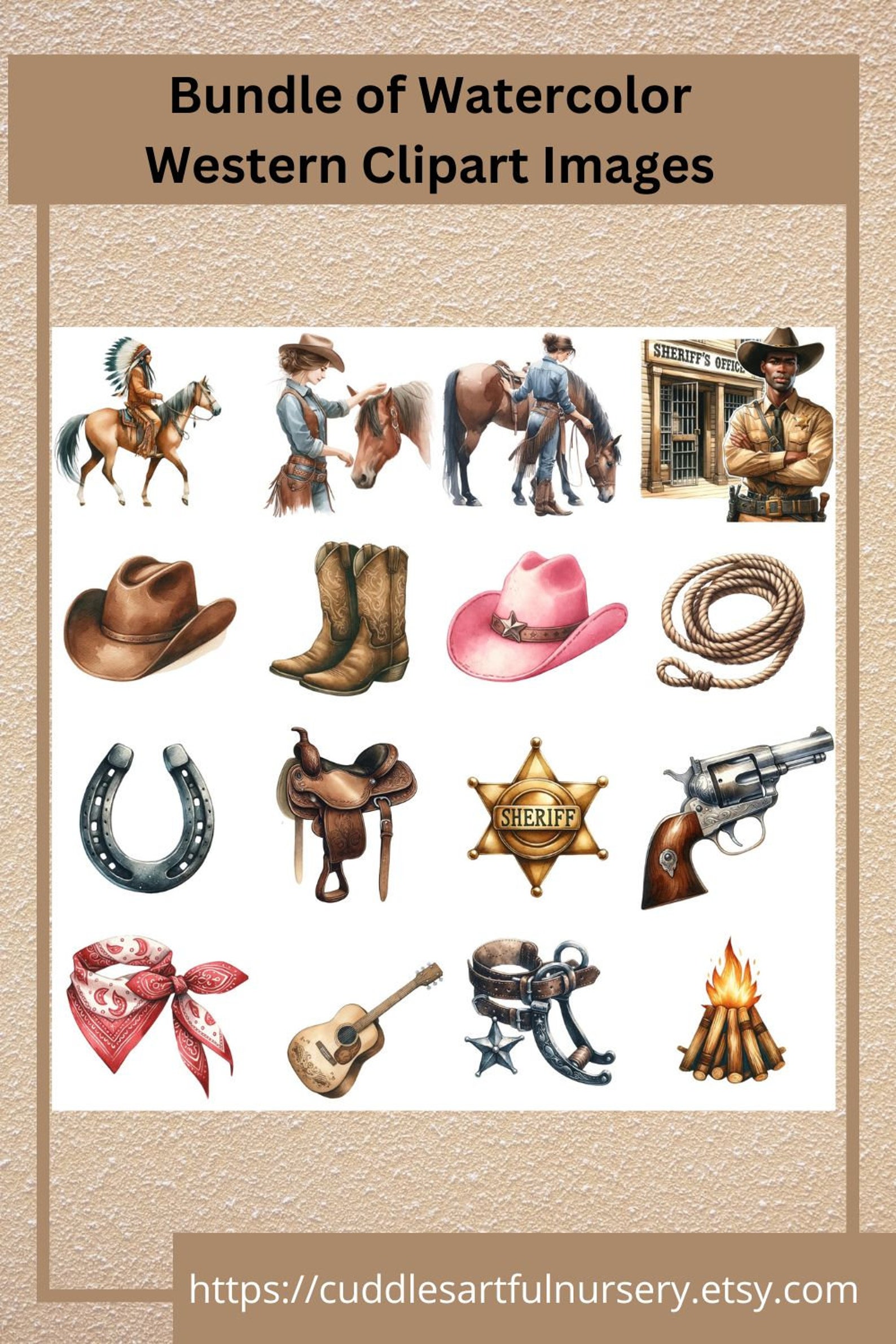 Watercolor Western Clipart Artful PNG Bundle Digital DIY Wall Art ...