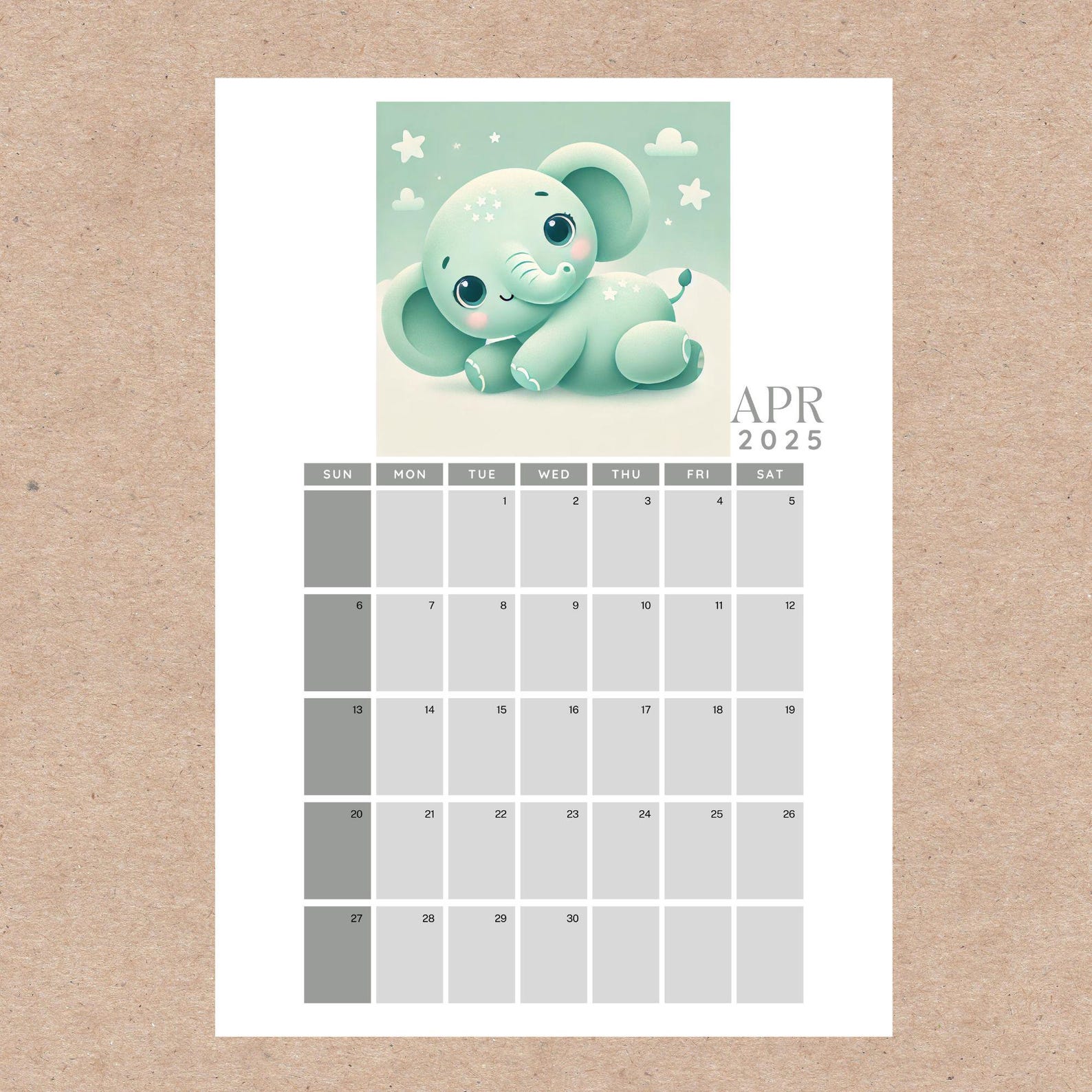 Cute Elephant Calendar Printable Calendar 2025 Child Nursery Calendar ...