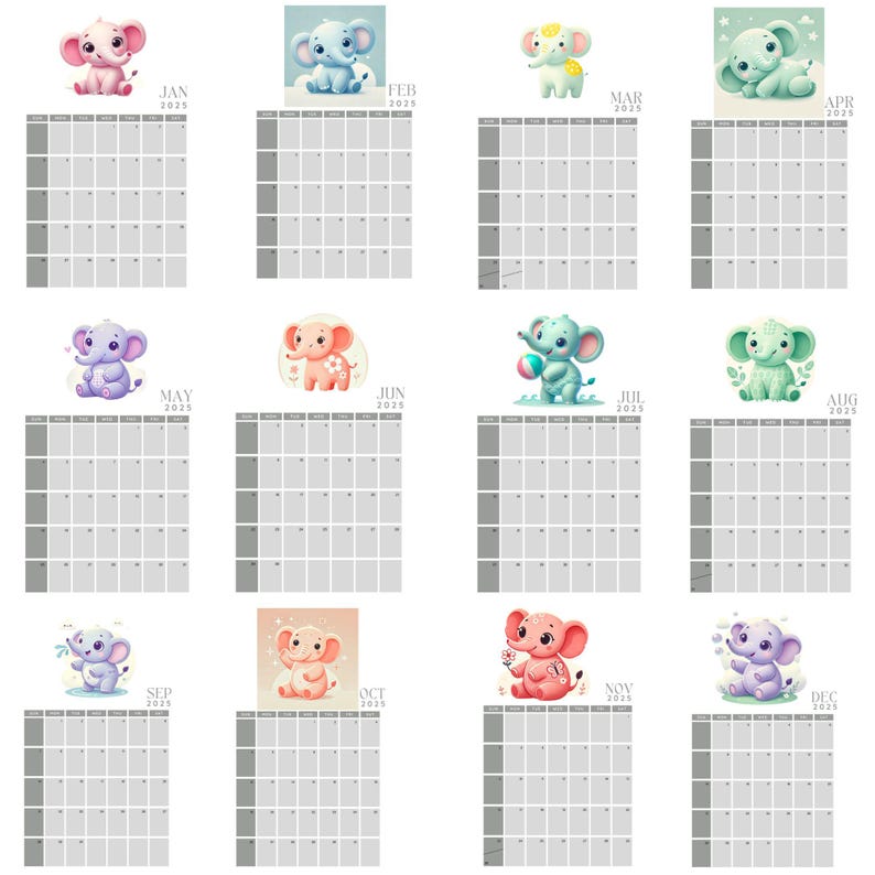 Cute Elephant Calendar Printable Calendar 2025 Child Nursery Calendar ...