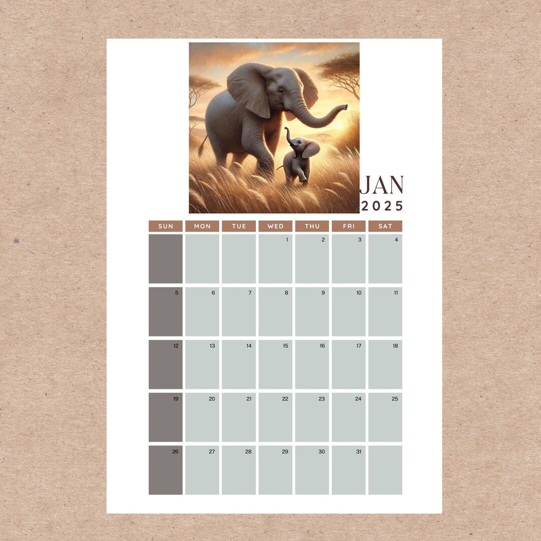 Elephant Calendar 2025 Printable Wall Calendar Artful Mommy and Baby ...