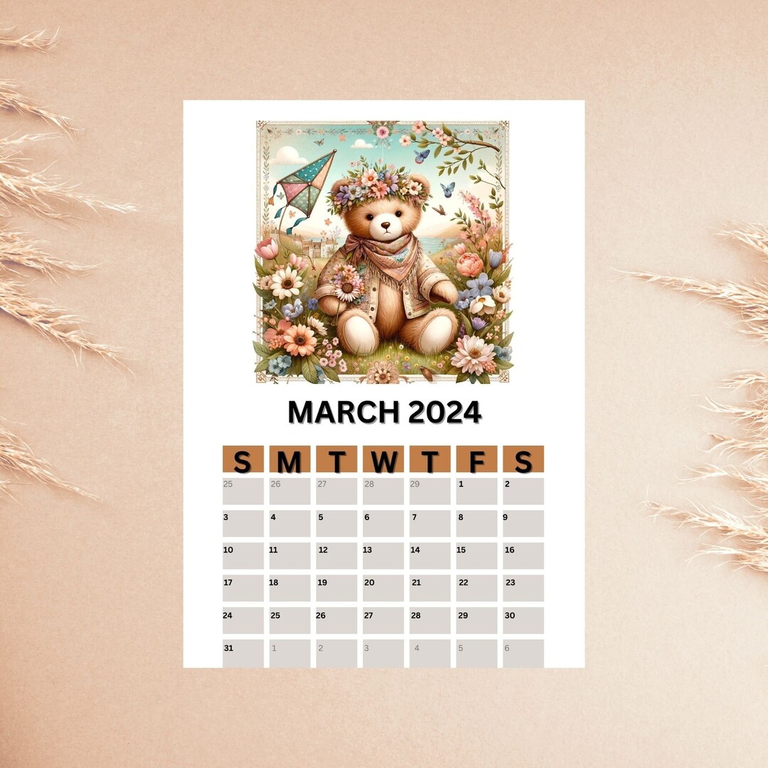 Teddybear Printable Calendar 2024 Boho Nursery Wallart Nursery Artful ...