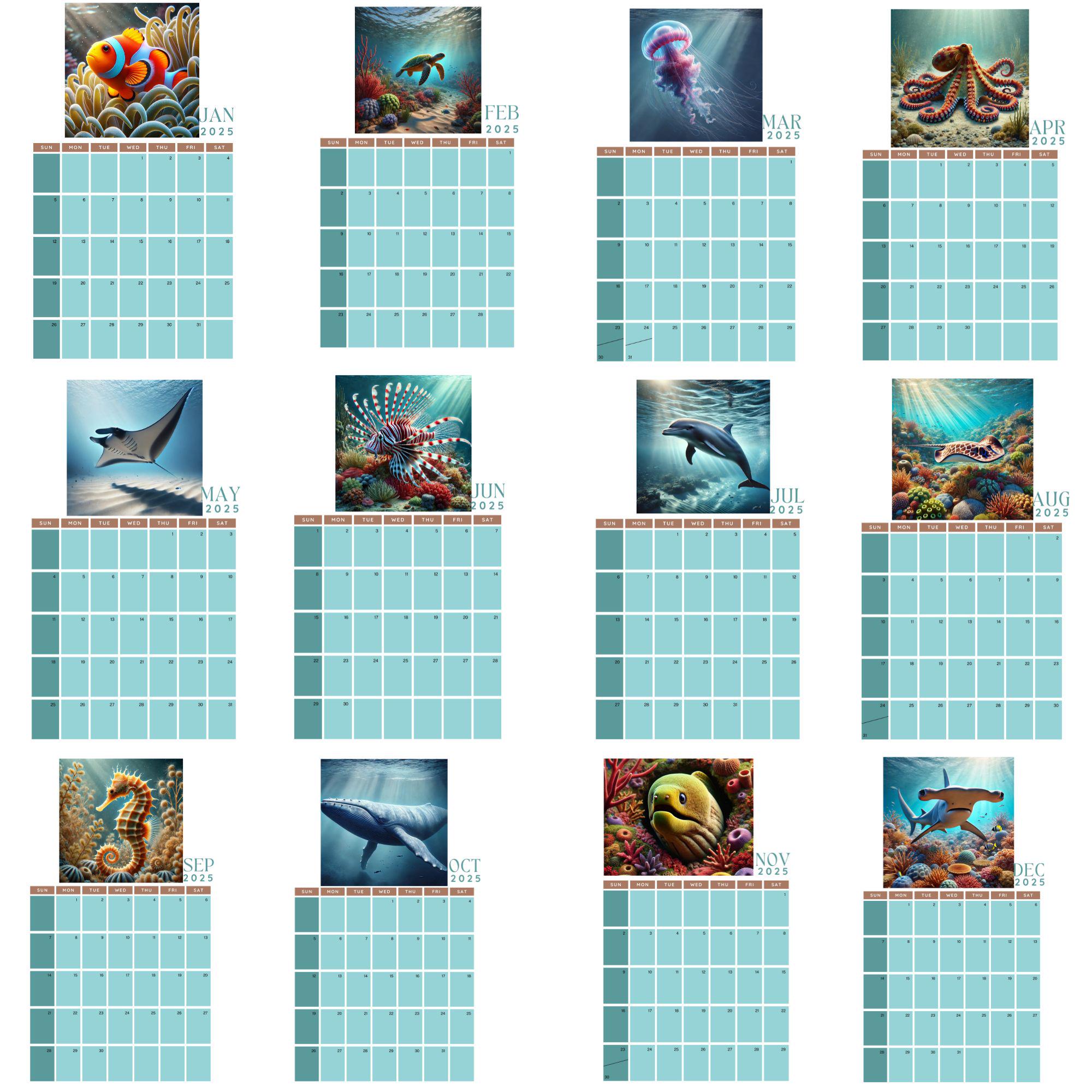 Printable Calendar 2025 Undersea Wall Art Aesthetic Calendar Digital ...