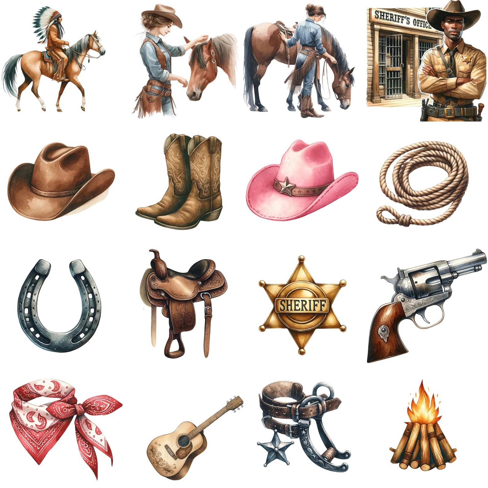Watercolor Western Clipart Artful PNG Bundle Digital DIY Wall Art ...
