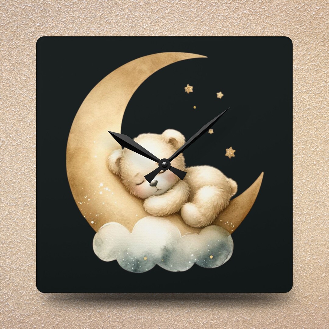 Cute Teddy Sleeping on Moon Acrylic Wall Clock Artful Nursery Decor ...