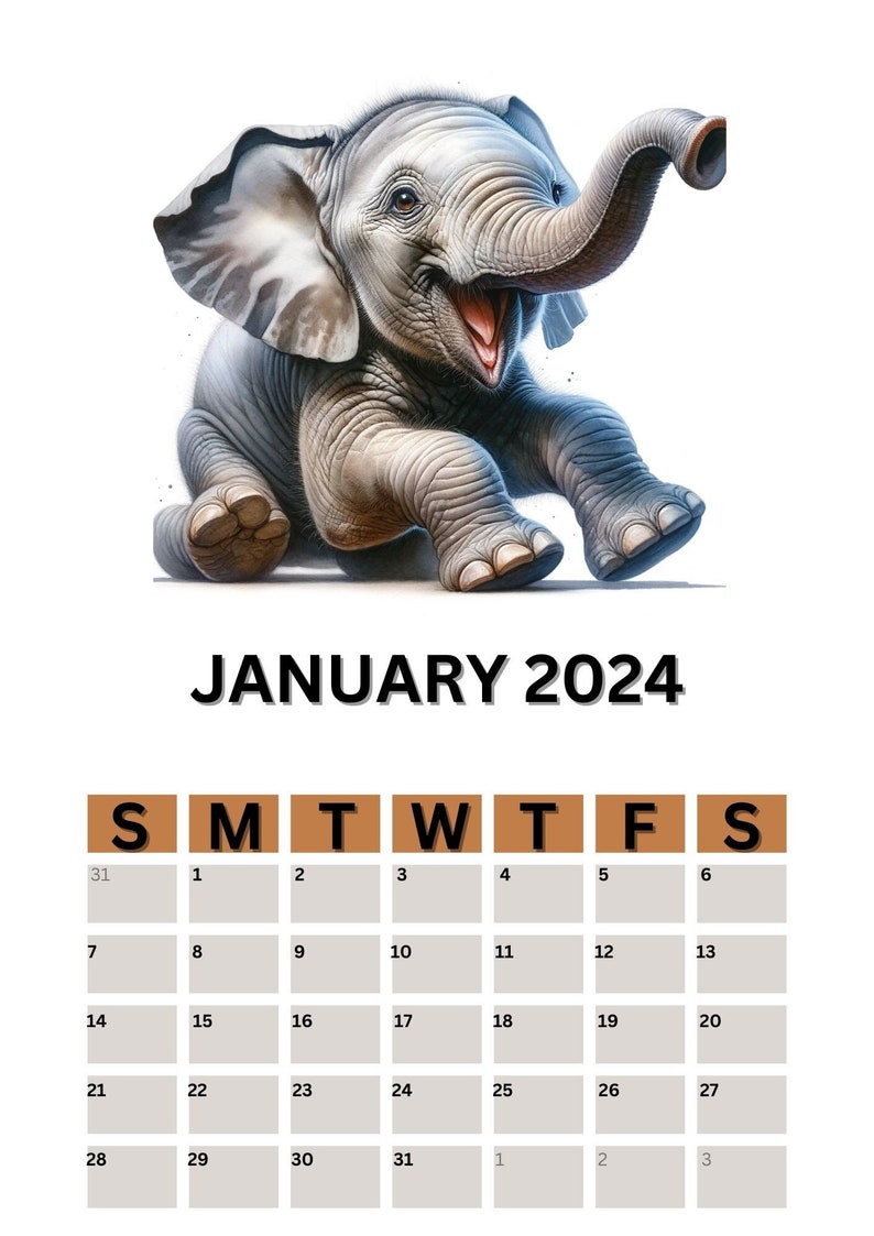 Realistic Watercolor Elephant Calendar 2024 - Printable 2024 Calendar ...