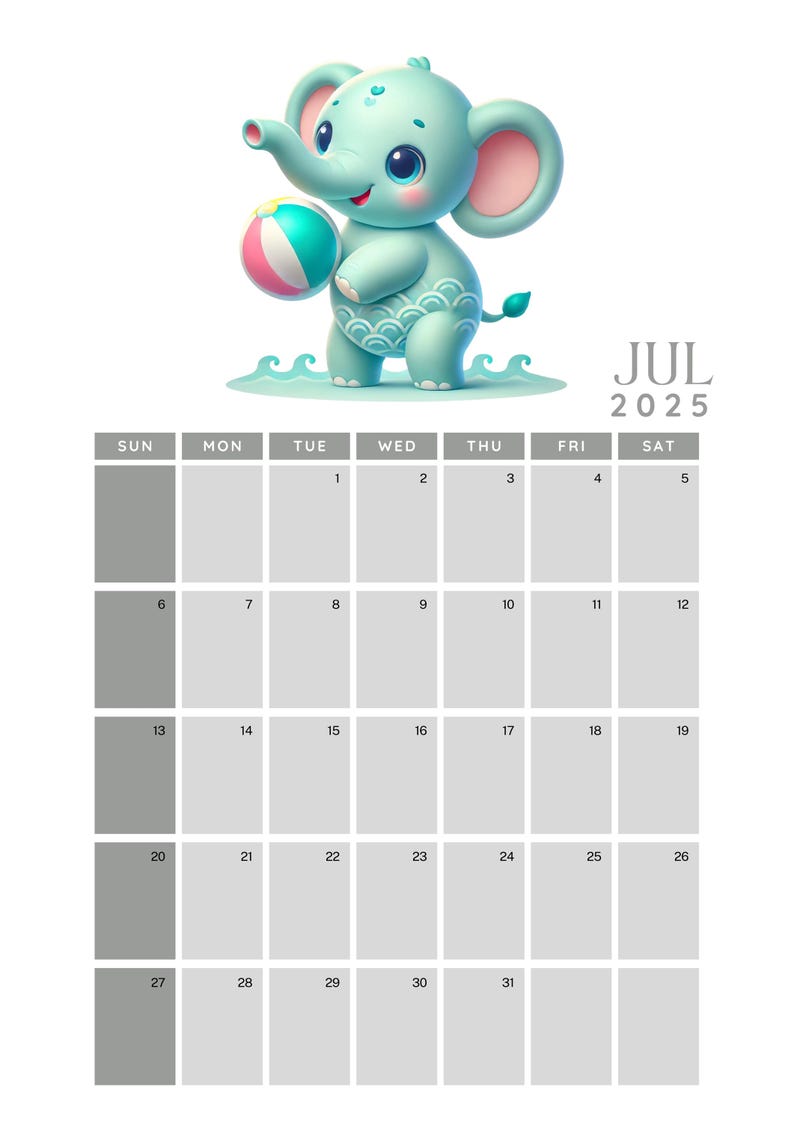 Cute Elephant Calendar Printable Calendar 2025 Child Nursery Calendar ...