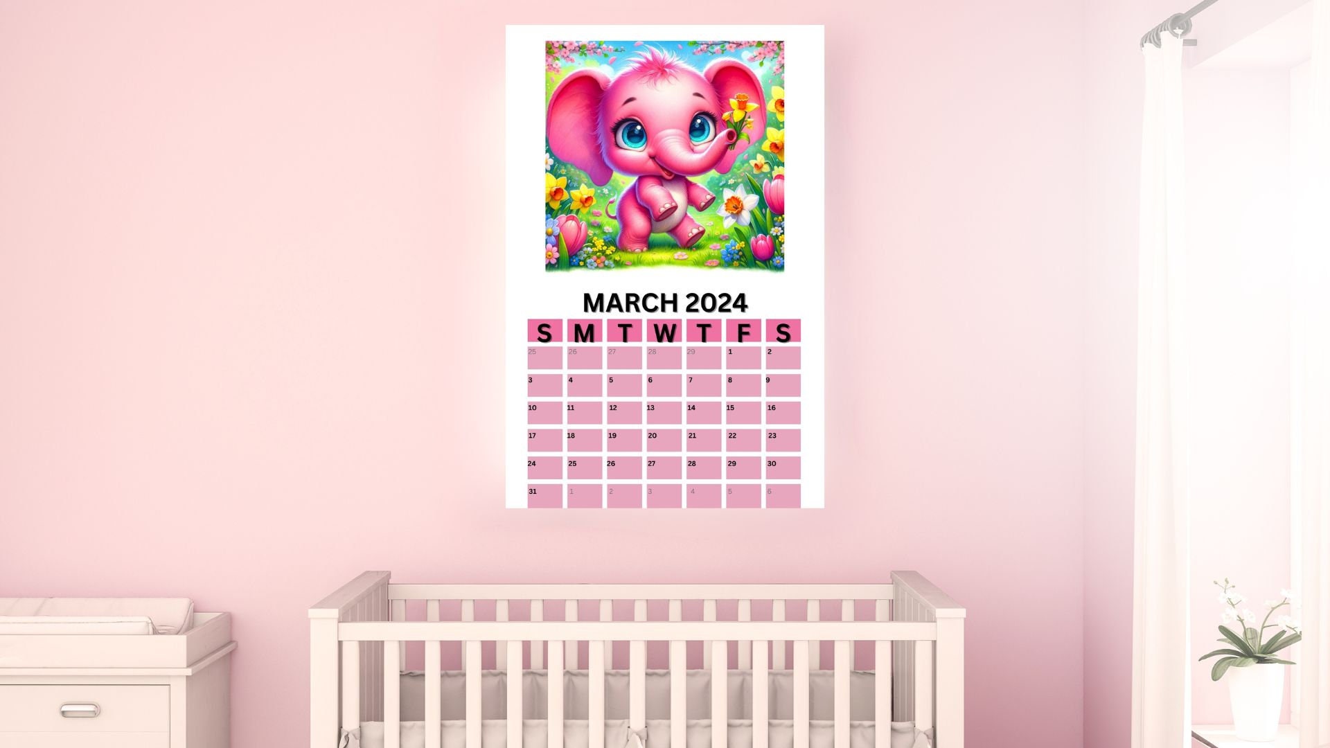 Adorable Pink Cartoon Elephant Calendar 2024 Printable PDF With CMYK ...