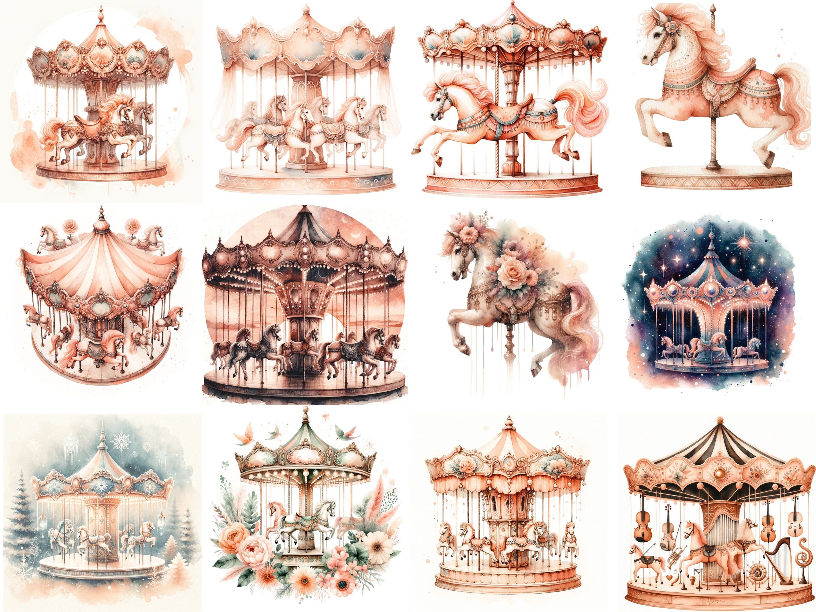 Peach Fuzz Pony Carousel Clipart Artful Bundle PNG Horse Carousel ...