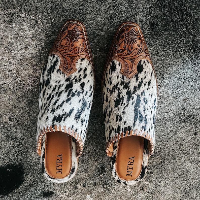 Western Leather Tooled Mules With Cowhide - Etsy