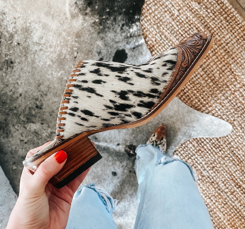 Western Leather Tooled Mules With Cowhide - Etsy