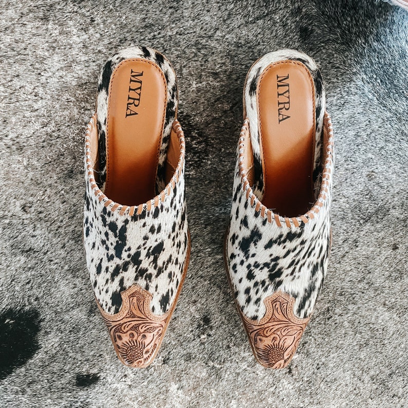Western Leather Tooled Mules With Cowhide - Etsy