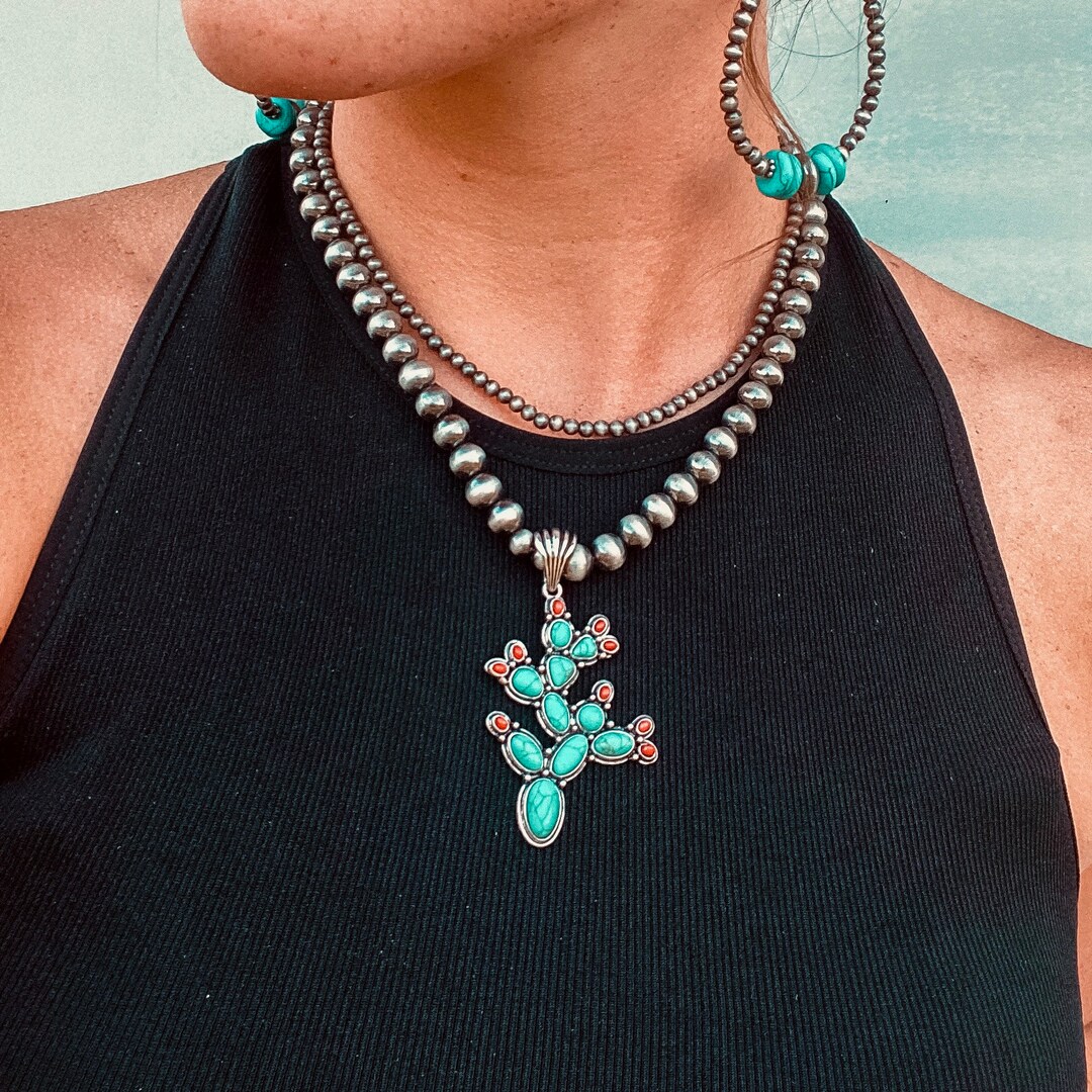 Turquoise Cactus and Navajo Pearl Necklace - Etsy